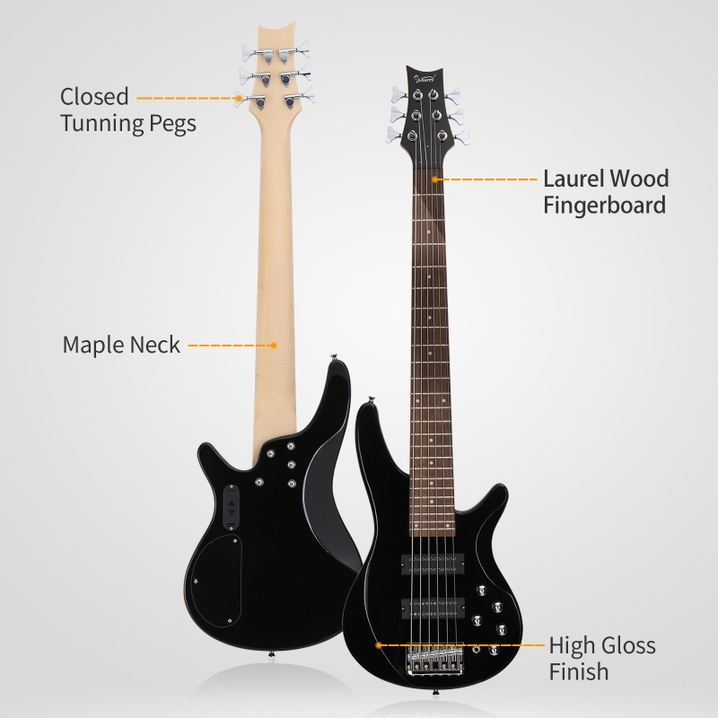 Glarry GIB 6 String Bass Guitar Full Size Open-coil HH Pickup Black ...