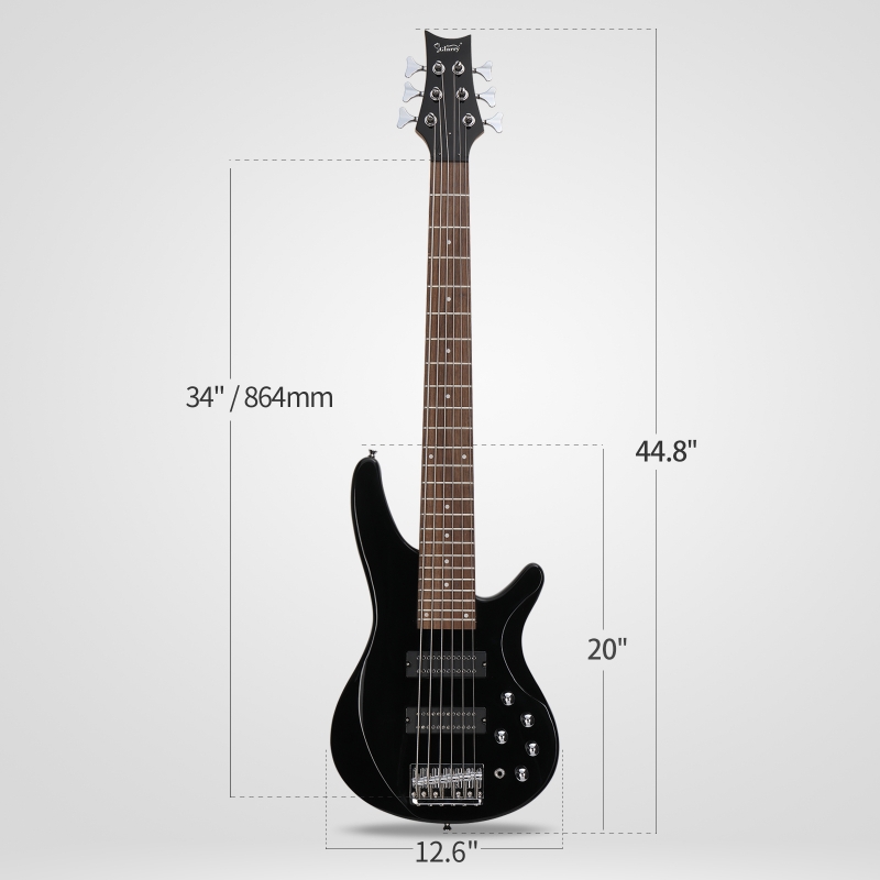 Glarry GIB 6 String Bass Guitar Full Size Open-coil HH Pickup Black ...